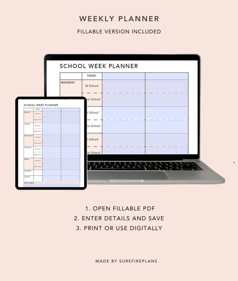 School Week Planner Printable Fillable 1-4 Children A4 & Letter Size ...