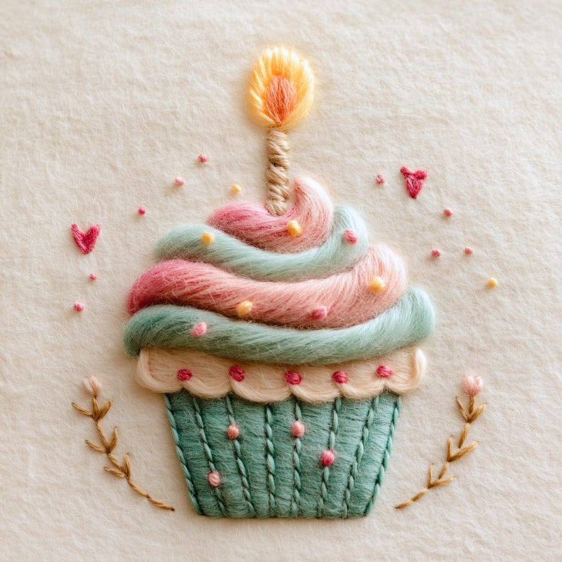 Embroidered-look Cupcake Birthday Card: Eco-friendly Kraft Envelope ...