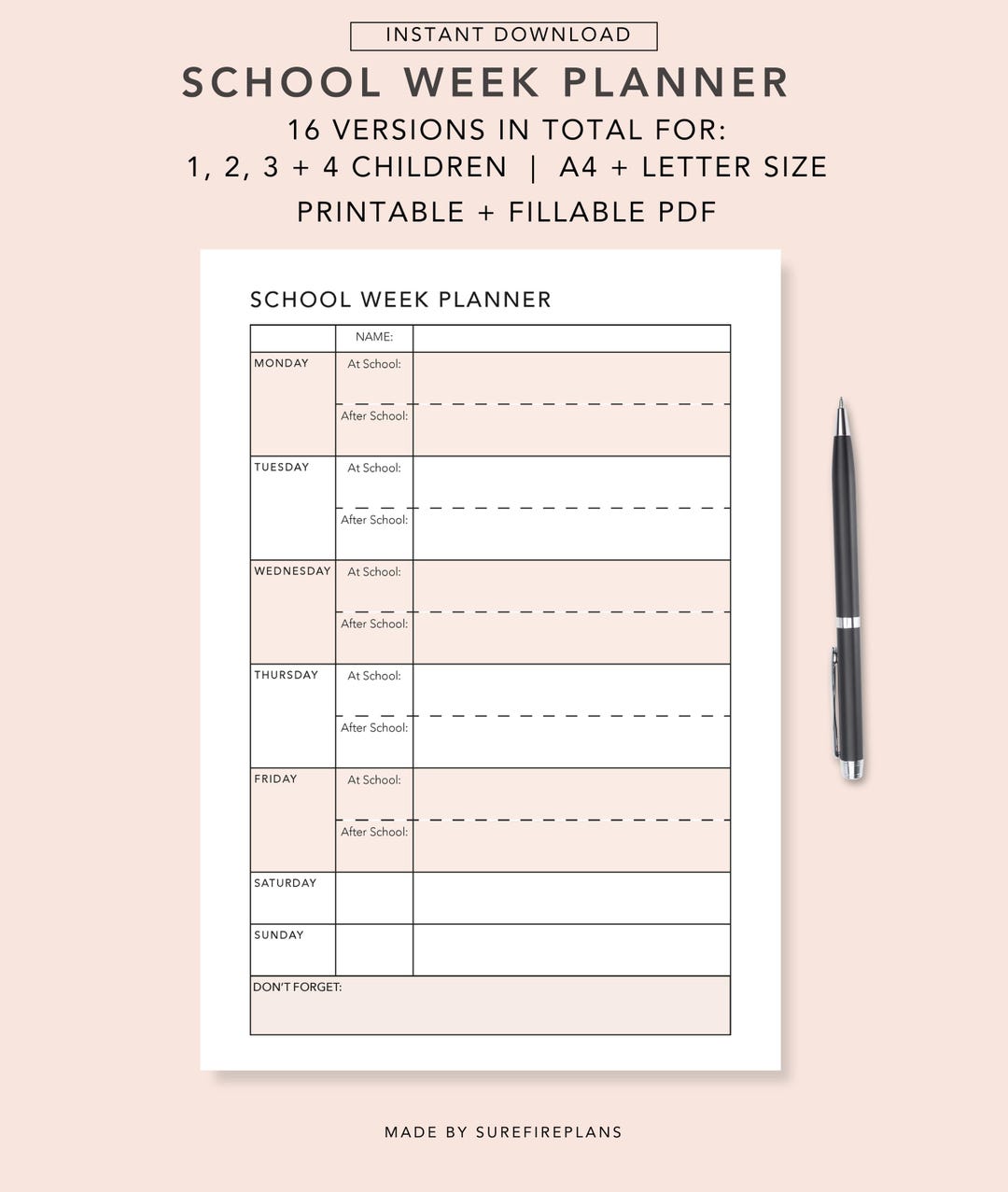 School Week Planner Printable Fillable 1-4 Children A4 & Letter Size ...