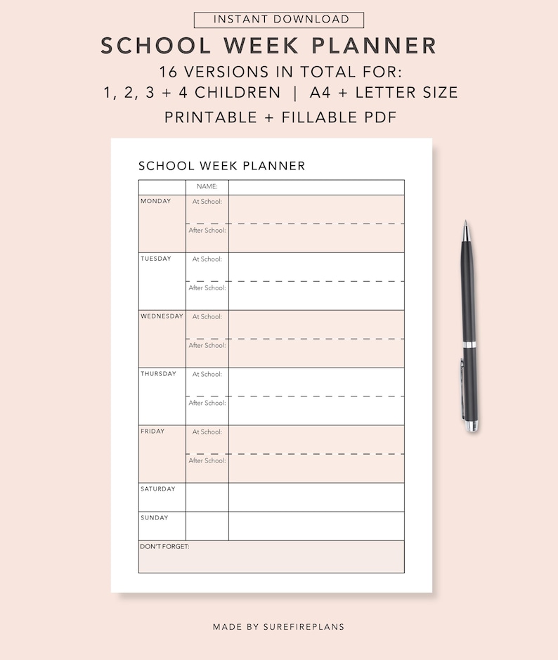 School Week Planner Printable Fillable 1-4 Children A4 & Letter Size ...