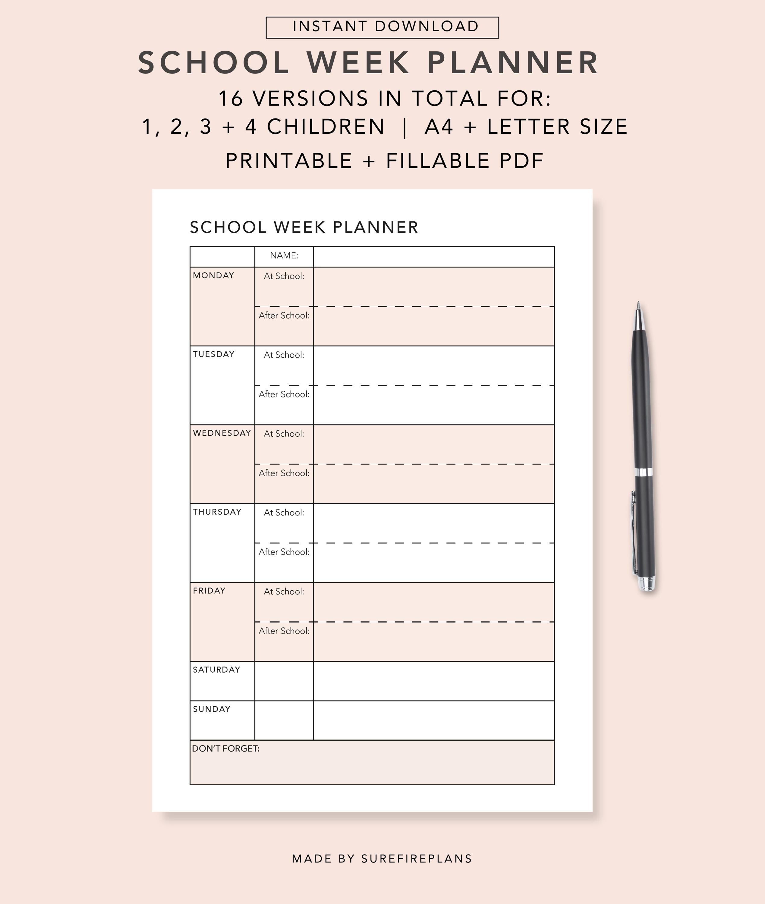 School Week Planner Printable Fillable 1-4 Children A4 & Letter Size ...