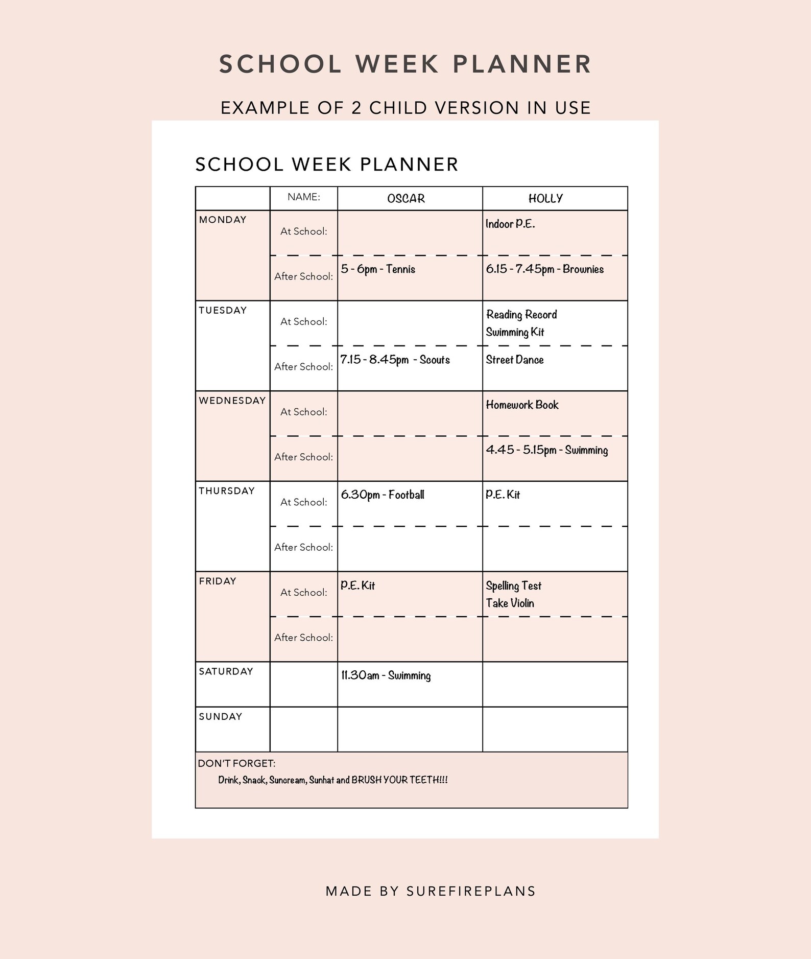 School Week Planner Printable Fillable 1-4 Children A4 & Letter Size ...