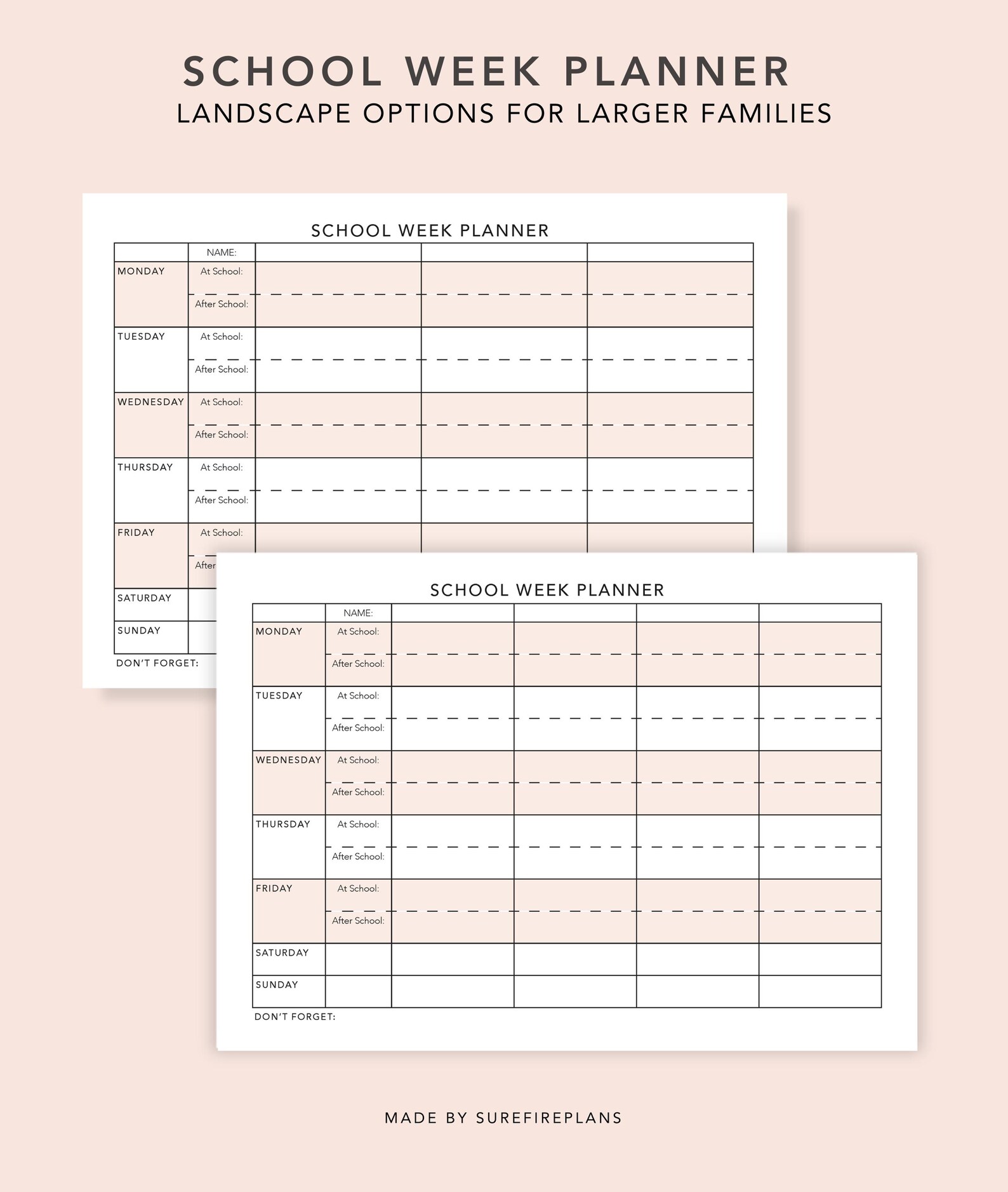 School Week Planner Printable Fillable 1-4 Children A4 & Letter Size ...
