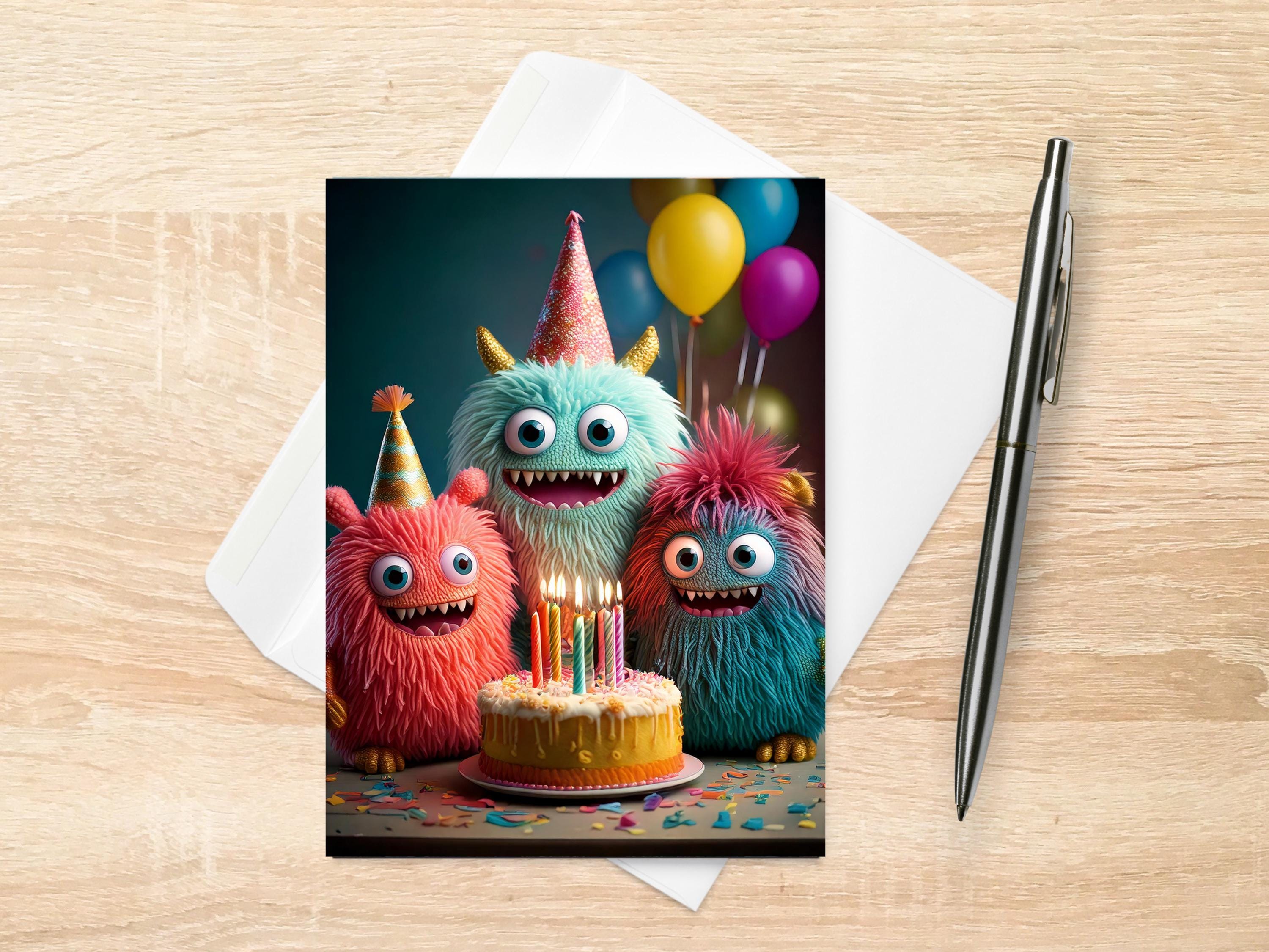 Colourful Monster Birthday Card Cute Fluffy Monster Card Funny Birthday ...