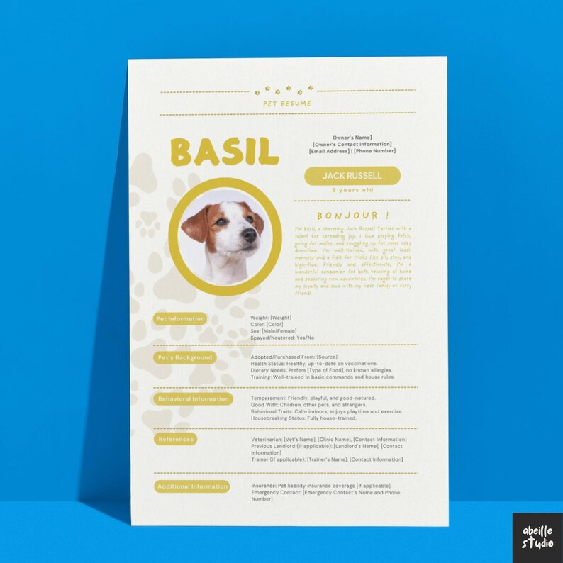Customizable Pet Resume Canva Template | Dog, Cat Profile (digital ...