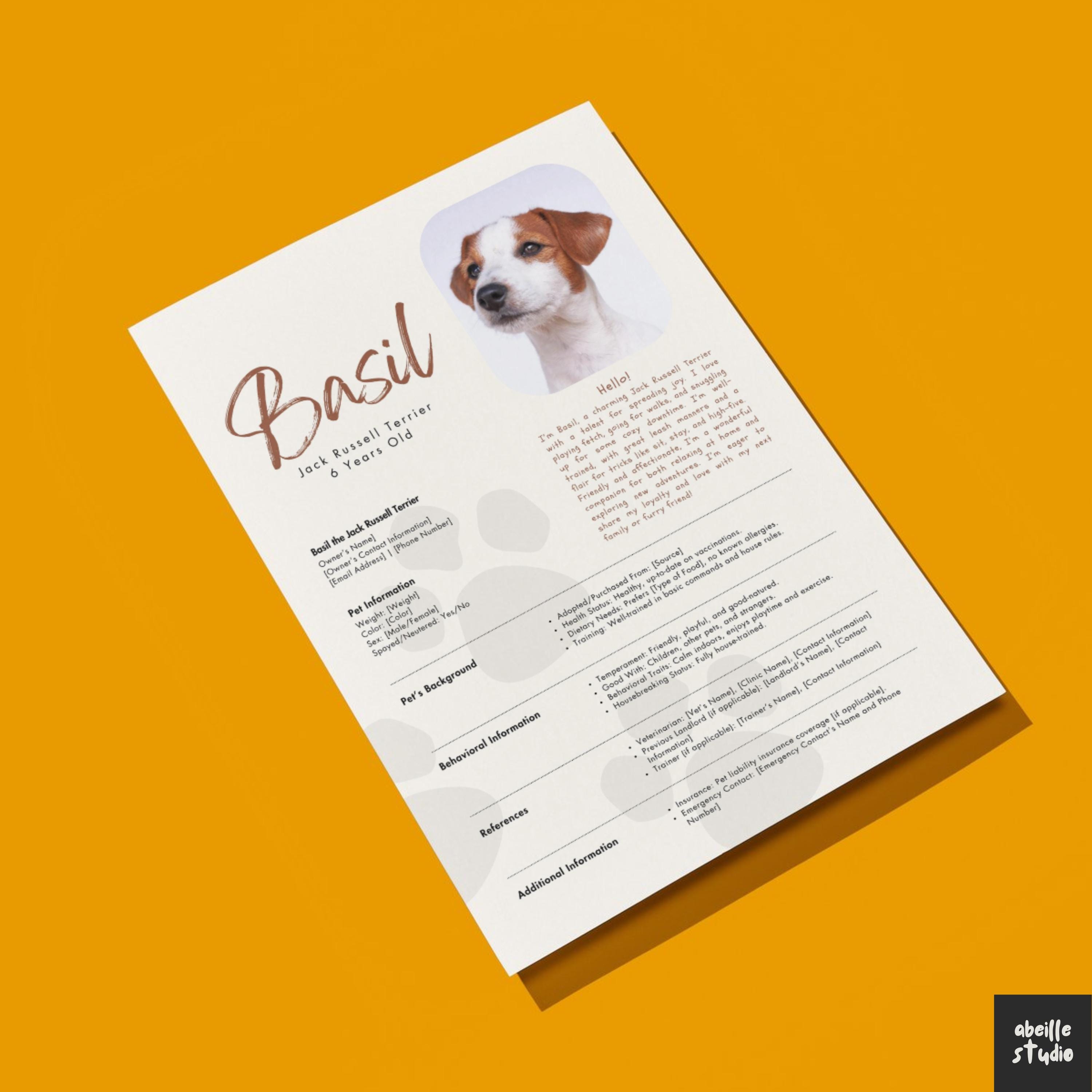 PET RESUME | Customizable CANVA Template for Pet Rental Celebrations ...