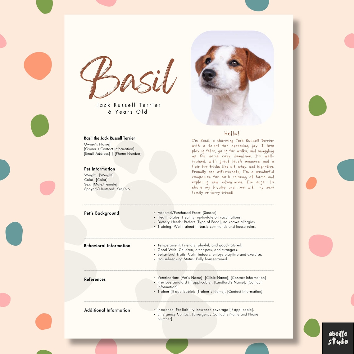 PET RESUME | Customizable CANVA Template for Pet Rental Celebrations ...