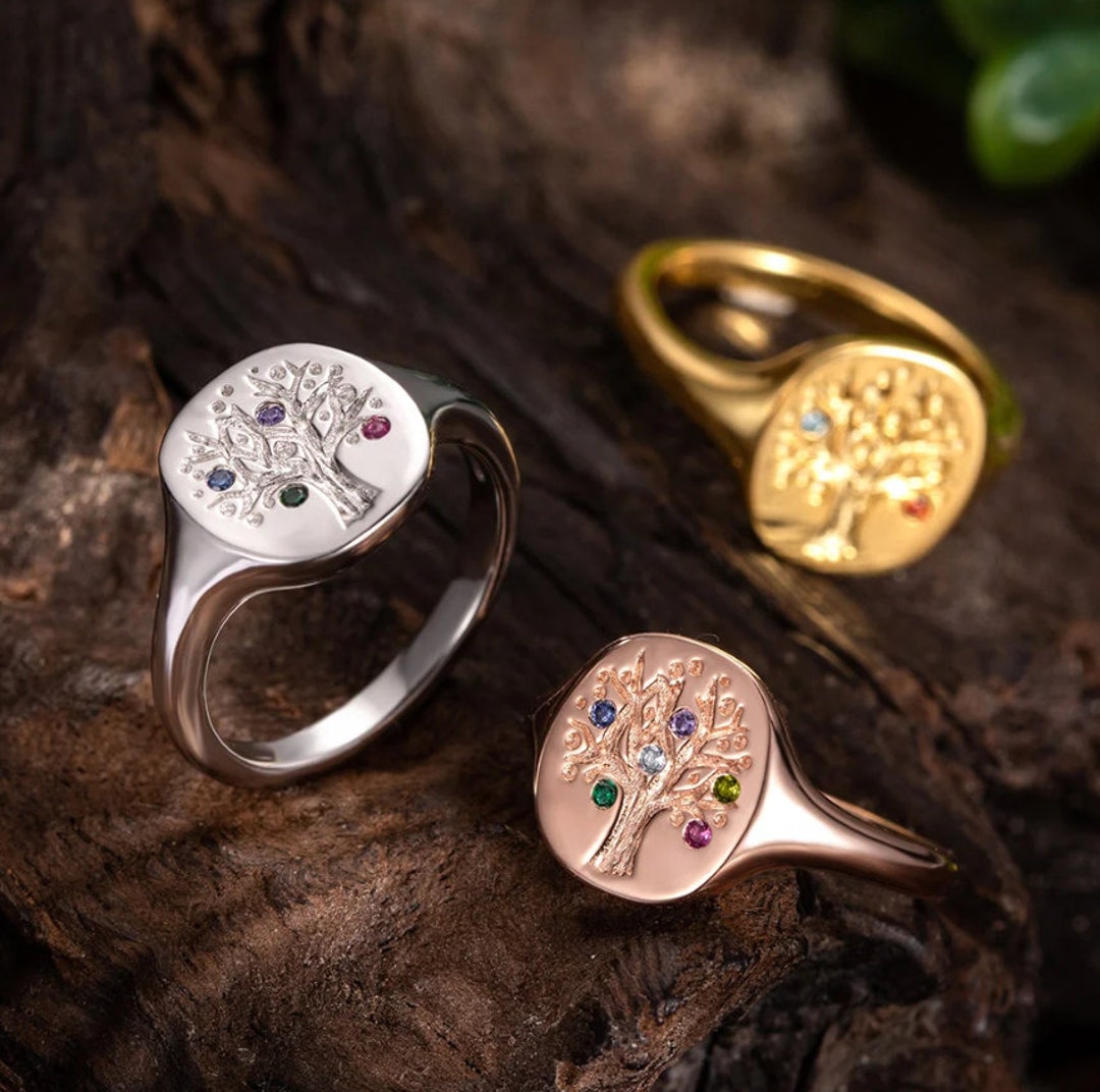 Custom Family Tree Birthstone Signet Ring, Sterling Silver Family ...
