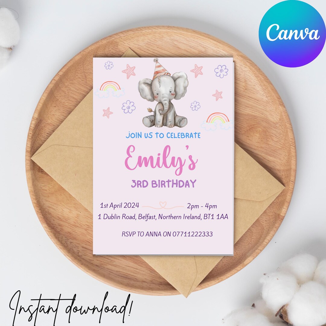 Kid's Elephant Birthday Party Invitation Template, Editable Using Canva ...