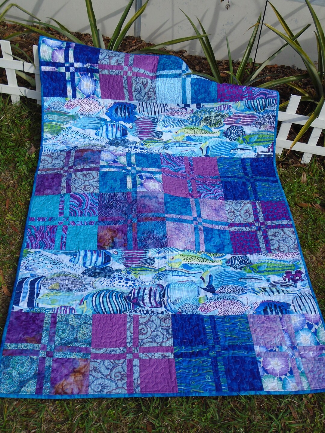 Blue Quilt / Purple Quilt / Fish Quilt / Lap Throw Quilt / Kaffe ...