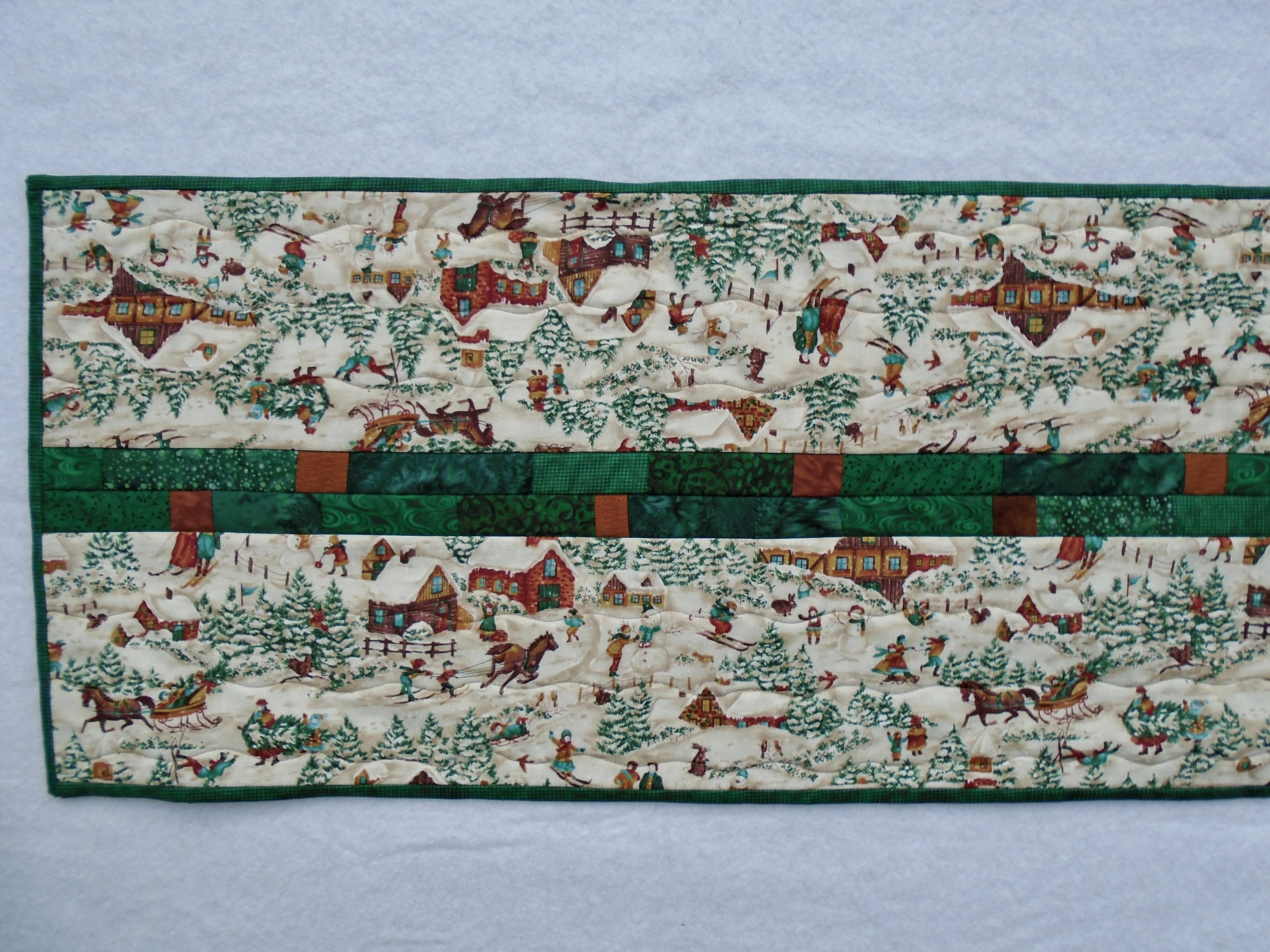 Winter Table Runner / Christmas Table Runner / Brown and Green Table Runner / Quilted Table ...