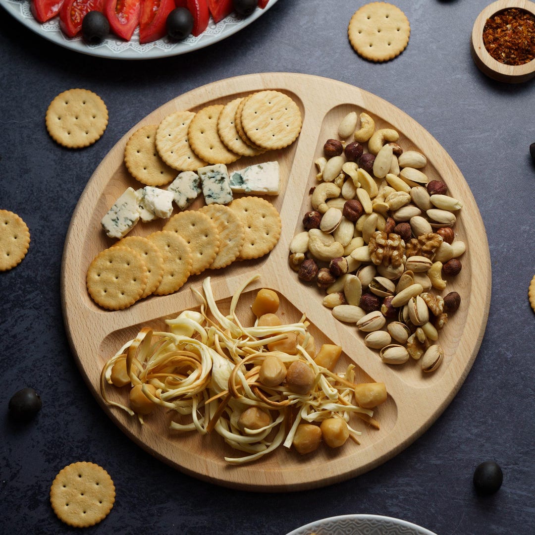 Wooden Snack Tray Customized, Divided Appetizer Plate, Round Cheese ...