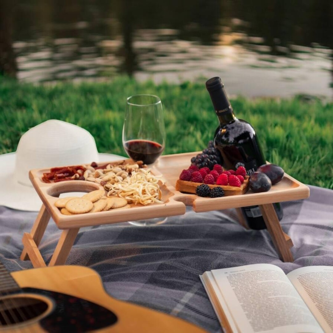 Summer Picnic Table for Outdoor Wine and Snacks, Folding Beech Wood ...