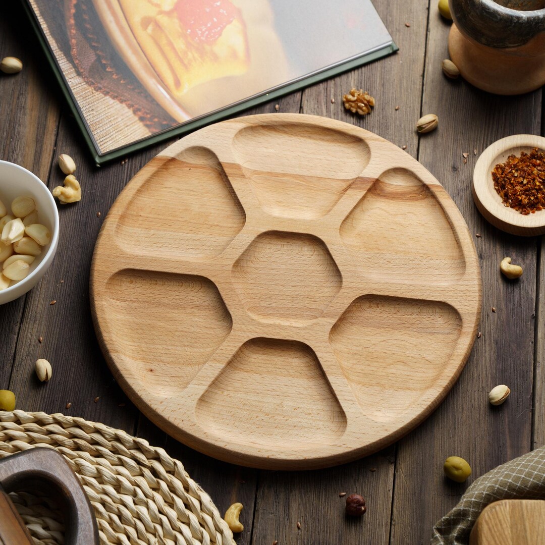 Wooden Snack Platter Engraved, Round Serving Tray With Sections ...