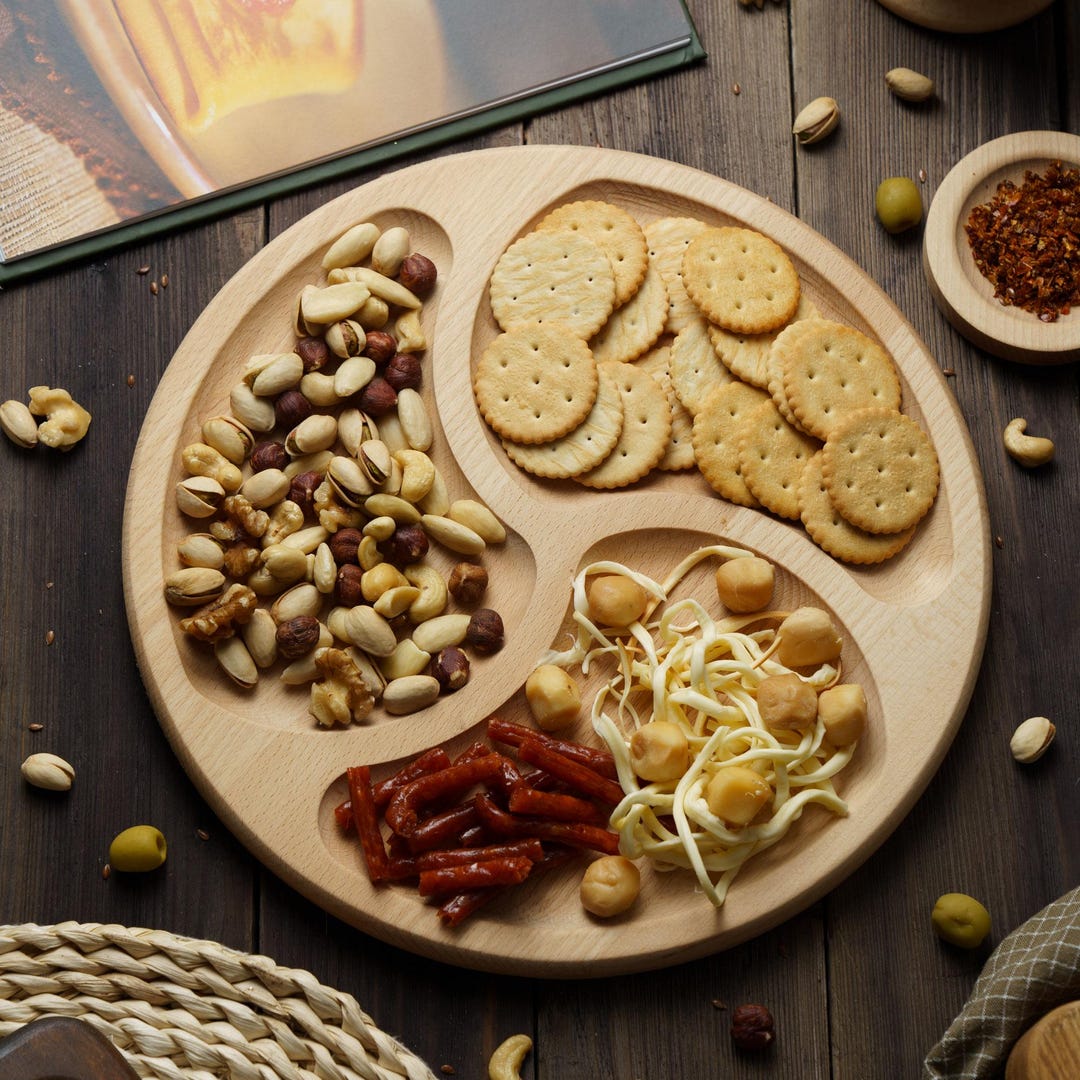 Wooden Snack Plate, Round 3 Section Serving Dish, Nut Appetizer Tray ...