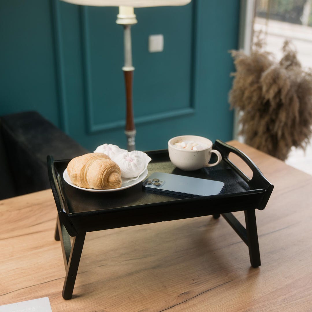 Black Wooden Breakfast Tray With Folding Legs and Handles, Bed Sofa ...
