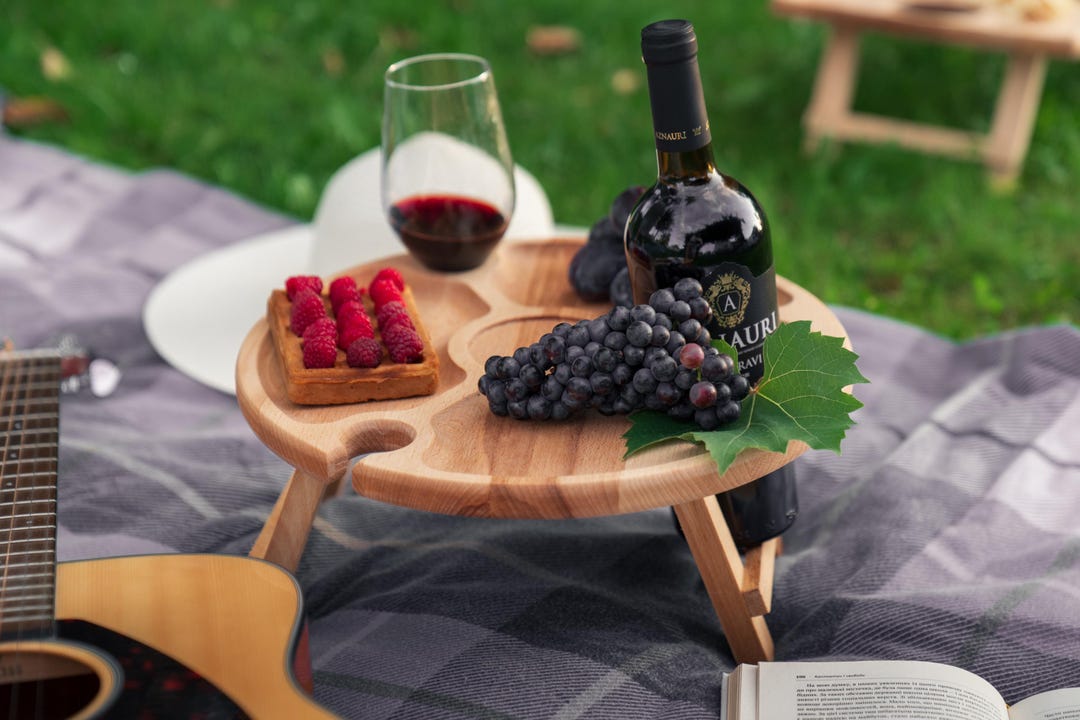 Portable Wooden Picnic Table for Wine and Snacks, Folding Outdoor Tray ...