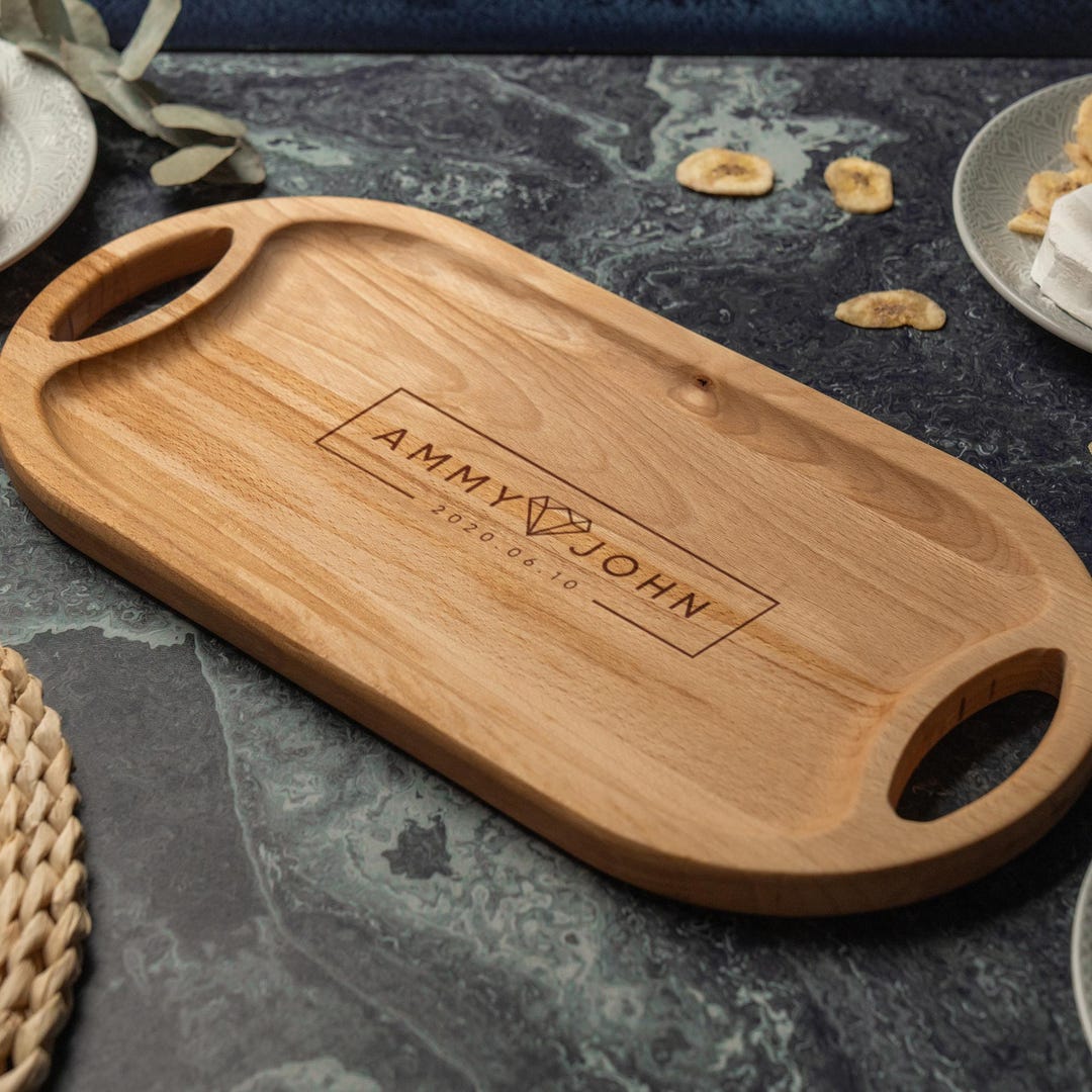 Personalized Wooden Serving Tray With Engraved Names and Handles for ...