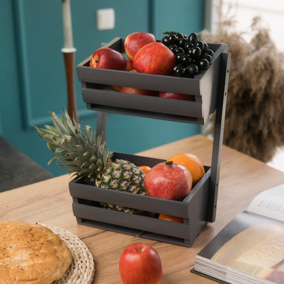 Stylish Gray Tiered Fruit Basket, Wooden Vegetable Rack, Modern ...
