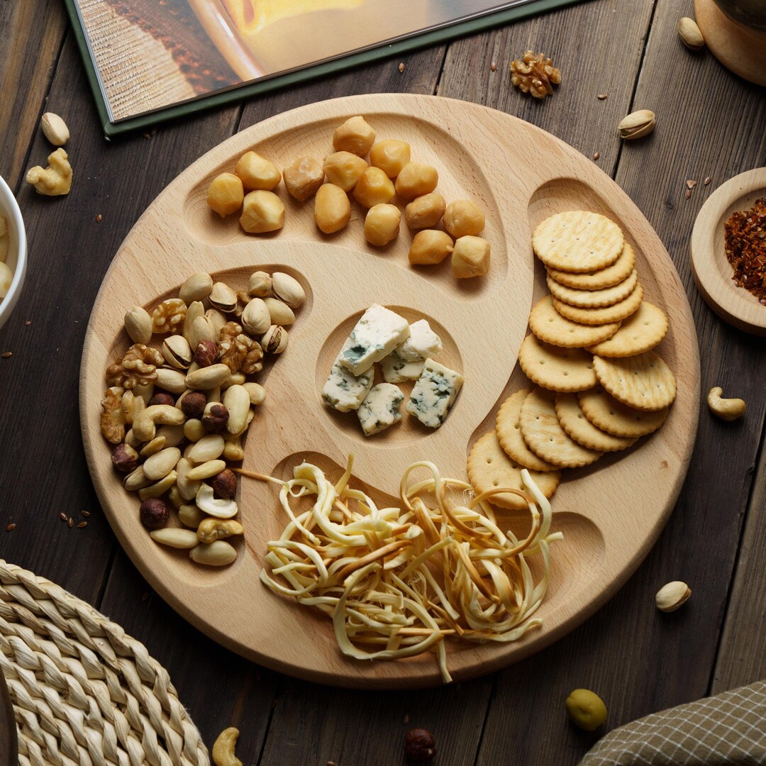 Wooden Cheese Tray With Compartments, Round Snack Platter, Charcuterie ...
