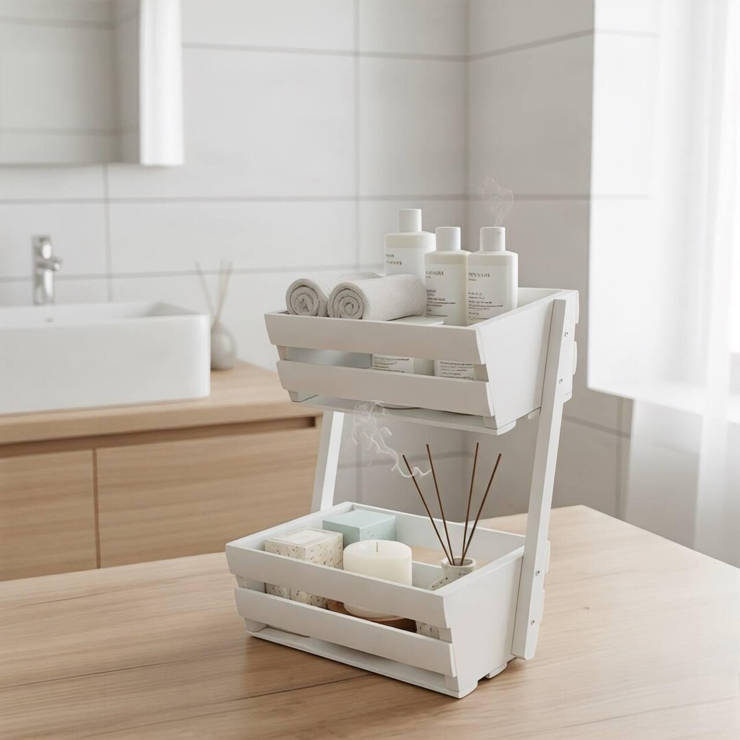 Two Tiered Wooden Bathroom Organizer, Vertical Stand for Towels ...