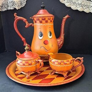 Gingerbread Tea Set Kitchen Decor Hand Painted Vintage Silver Plate Tea ...