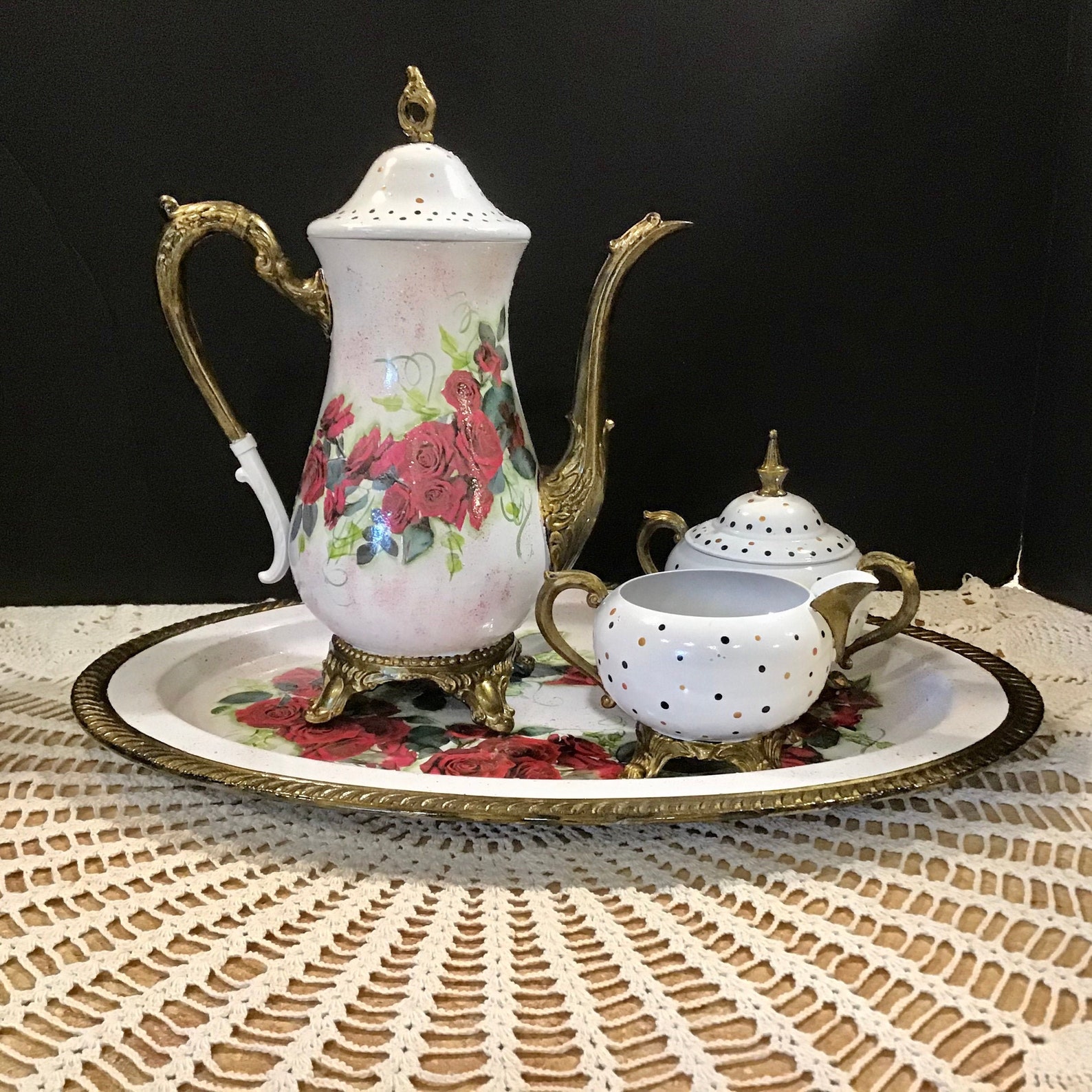 Red Roses Vintage Silver Tea Service Shabby Red Roses on a - Etsy