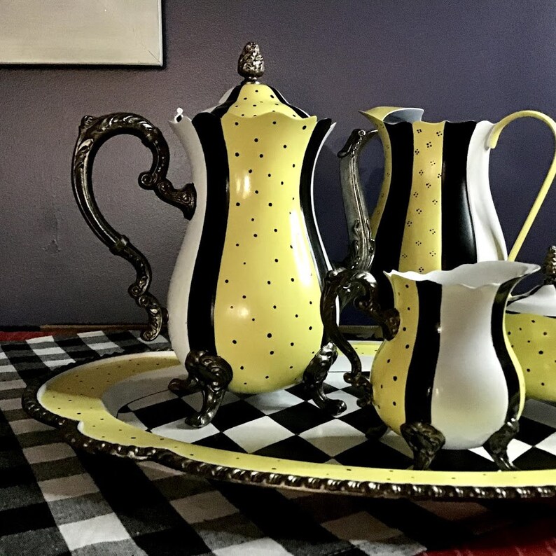 Painted Tea Set Whimsical Painted Silver Tea Set Modern - Etsy