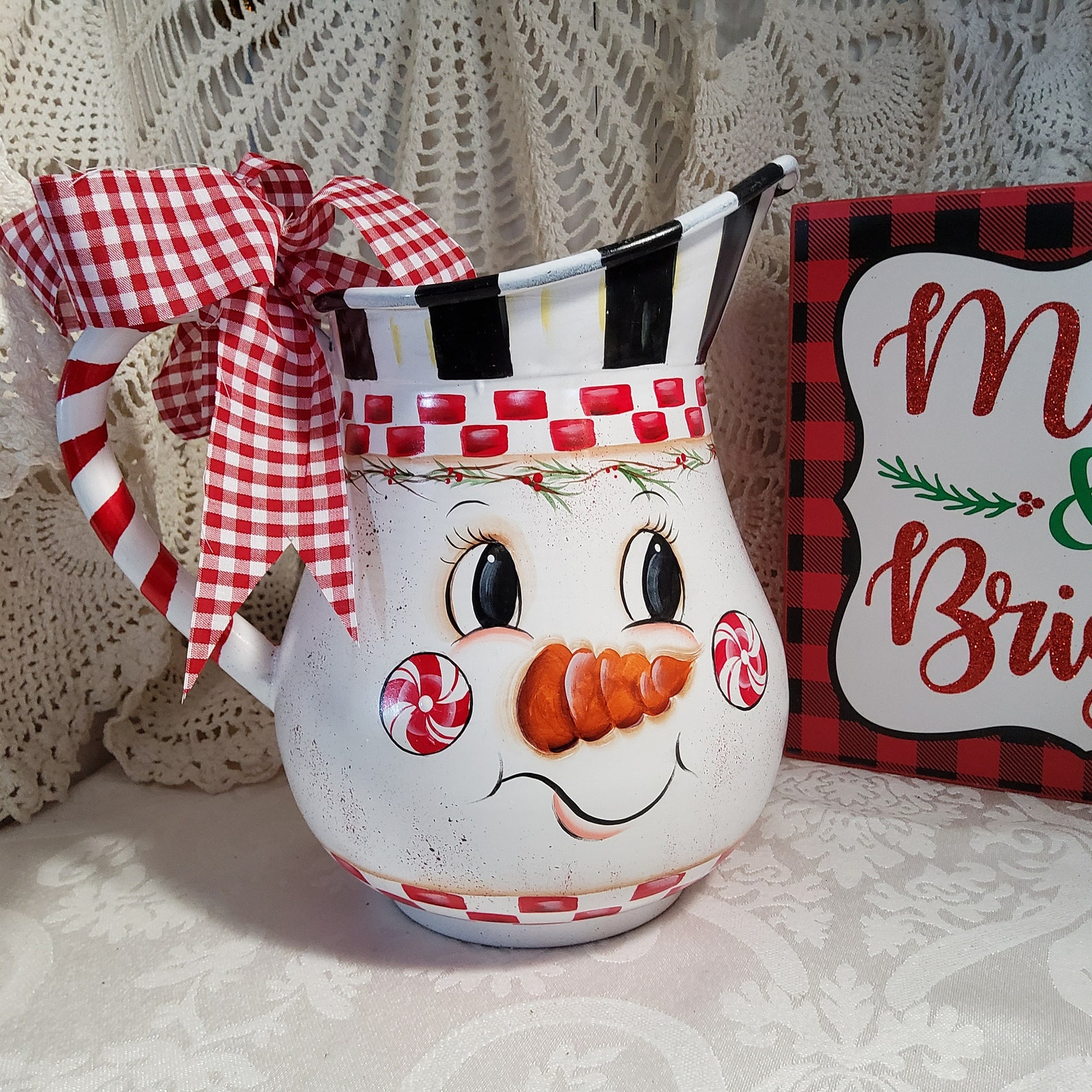 Vintage Hand Painted Water Pitcher Hand Painted Snowman - Etsy