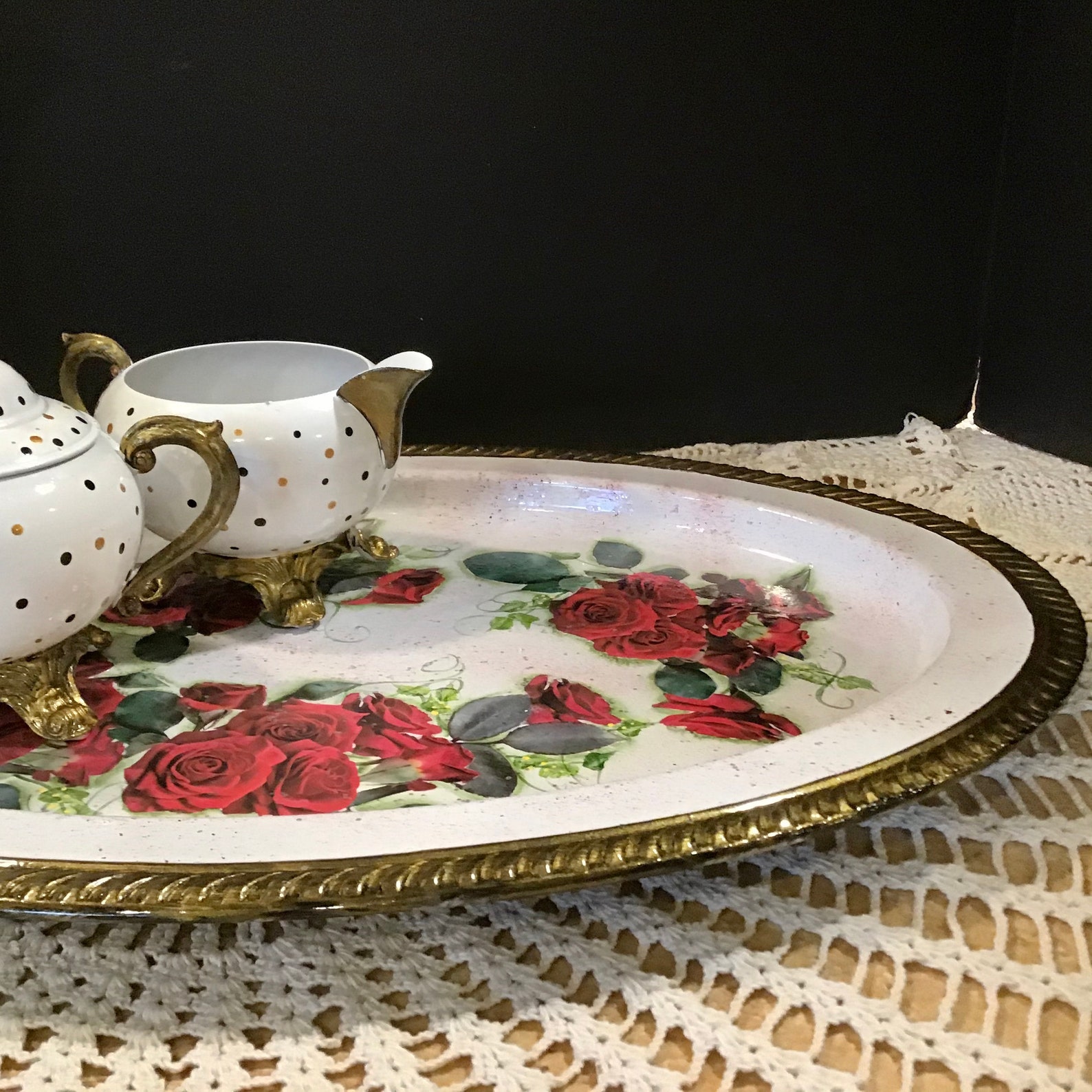 Red Roses Vintage Silver Tea Service Shabby Red Roses on a - Etsy