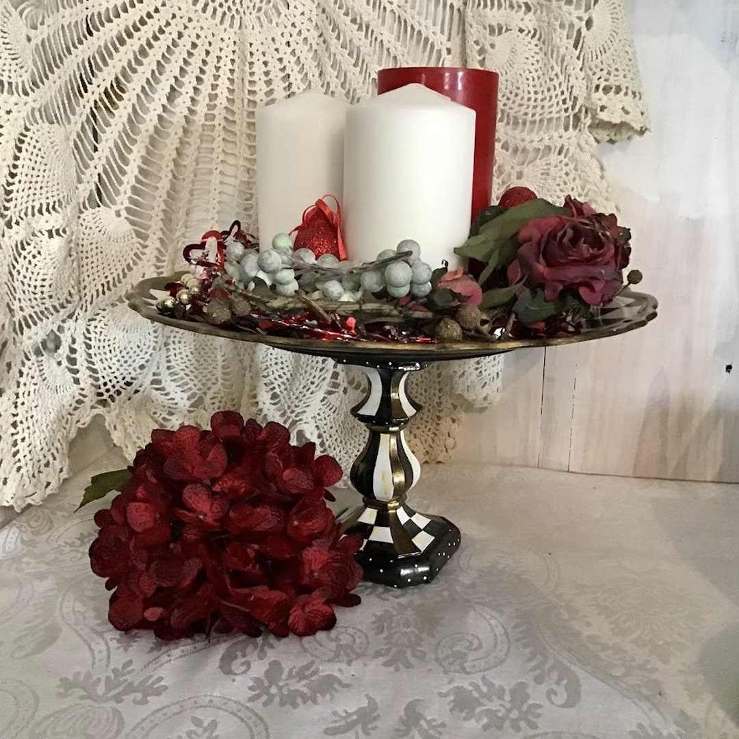 Black and White Checkered Pedestal Cake Stand, Vintage Style Candle ...