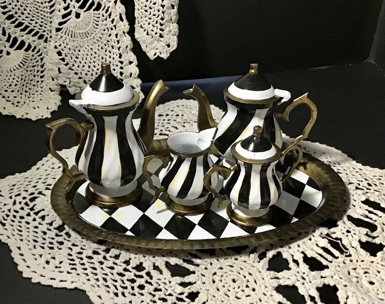 Hand Painted Miniature Tea Set Black and White Whimsical Tea - Etsy