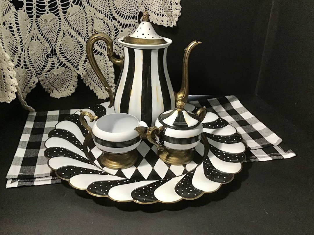Hand Painted Tea Set, Black and White Whimsical Tea Set, Hand Painted ...
