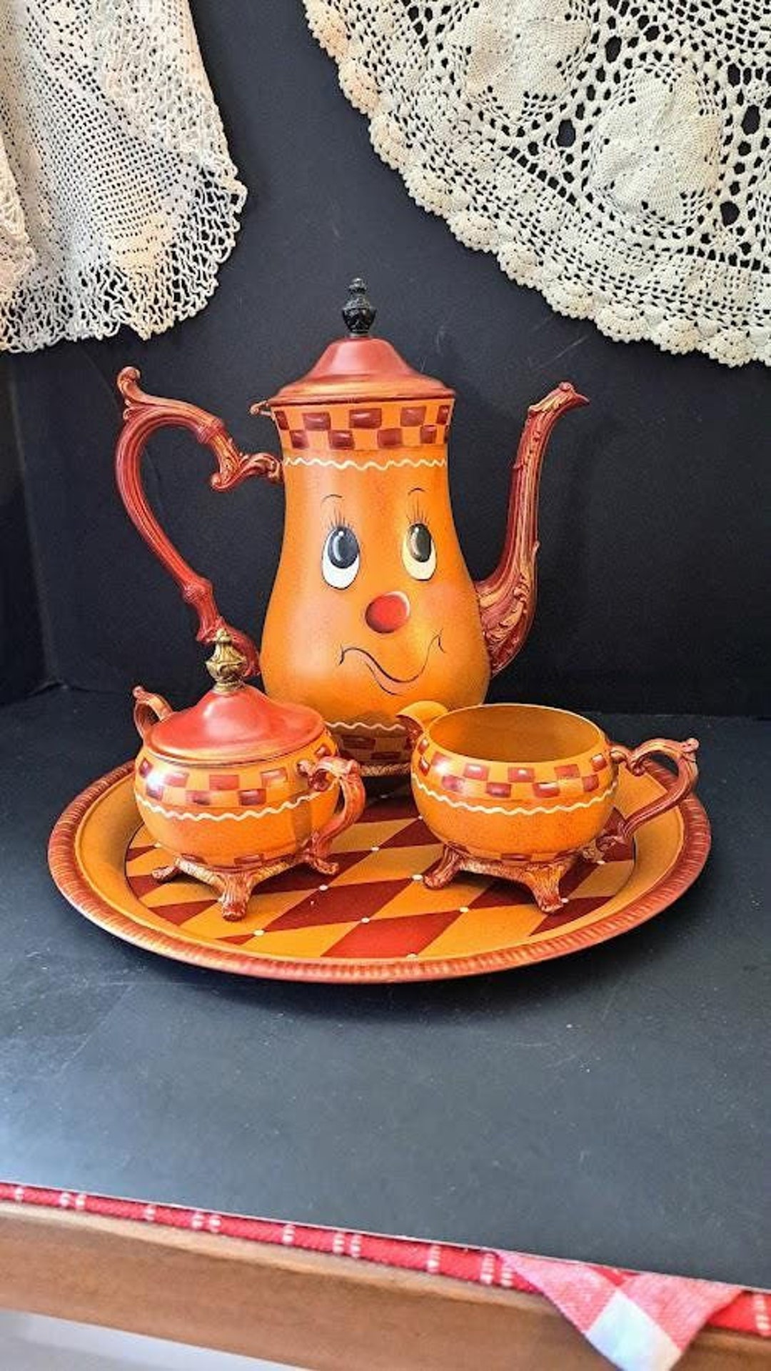 Gingerbread Tea Set Kitchen Decor Hand Painted Vintage Silver Plate Tea ...