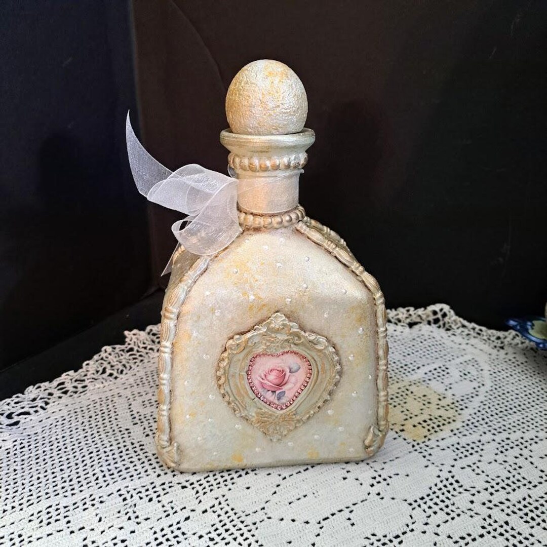 Perfume Bottle Shabby Chic Pink Roses, Lotion Bath Salts or Bubble Bath ...