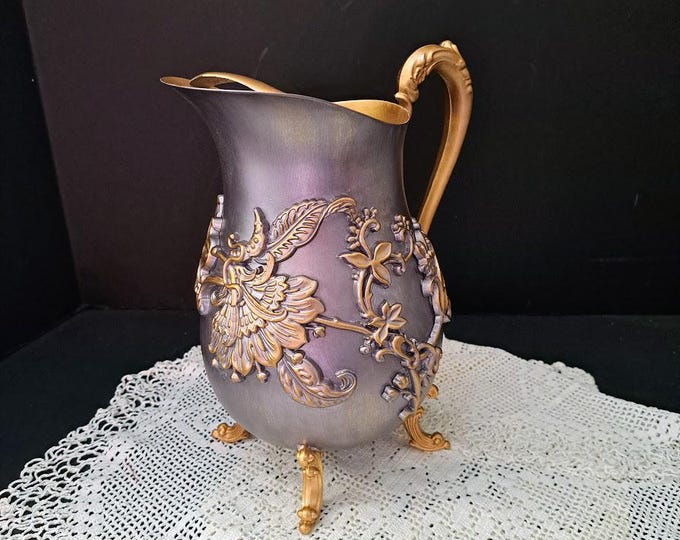 Vintage Silver Plate Water Pitcher Hand Painted Old World Design Dining ...