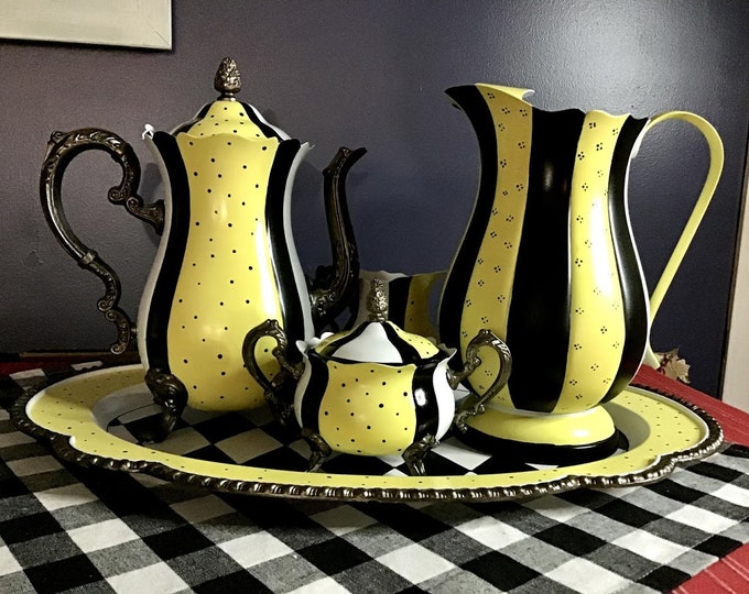 Painted Tea Set, Whimsical Painted Silver Tea Set, Modern Farmhouse Tea ...