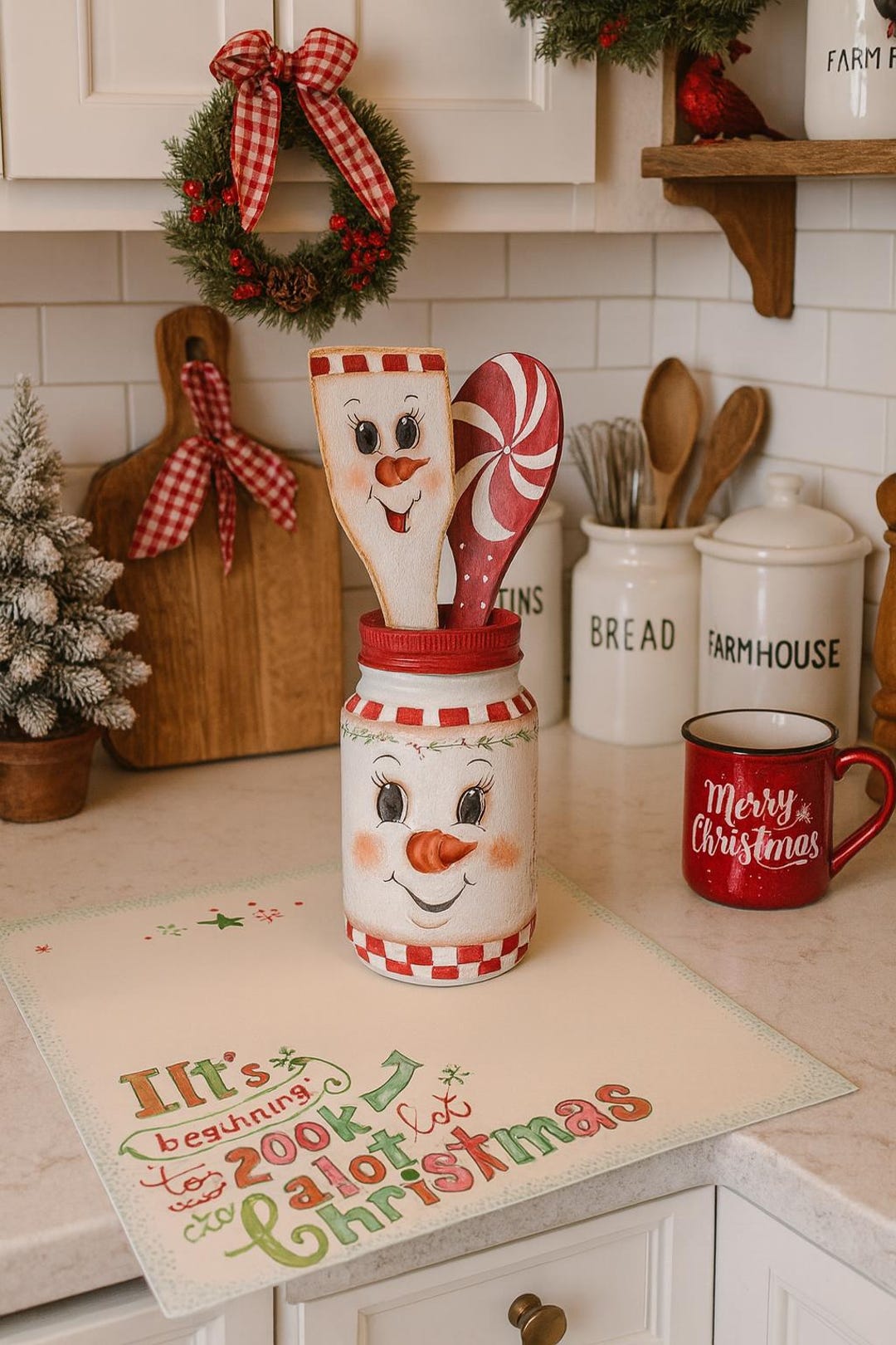 Snowman Christmas Utensil Holder | Hand Painted Quart Mason Jar ...