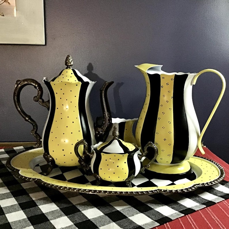 Painted Tea Set Whimsical Painted Silver Tea Set Modern | Etsy