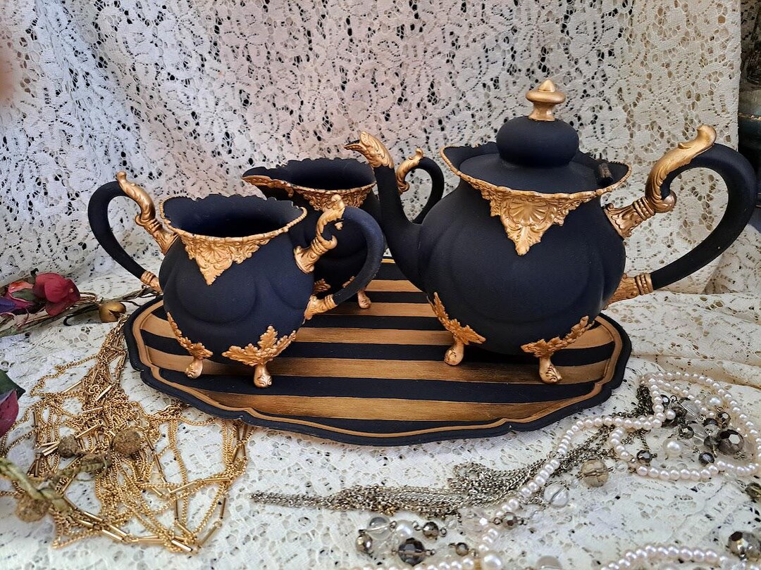 Vintage Hand Painted Silverplate Tea Service Velvet Finish Dining Decor ...