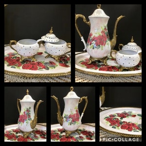 Red Roses Vintage Silver Tea Service Shabby Red Roses on a - Etsy