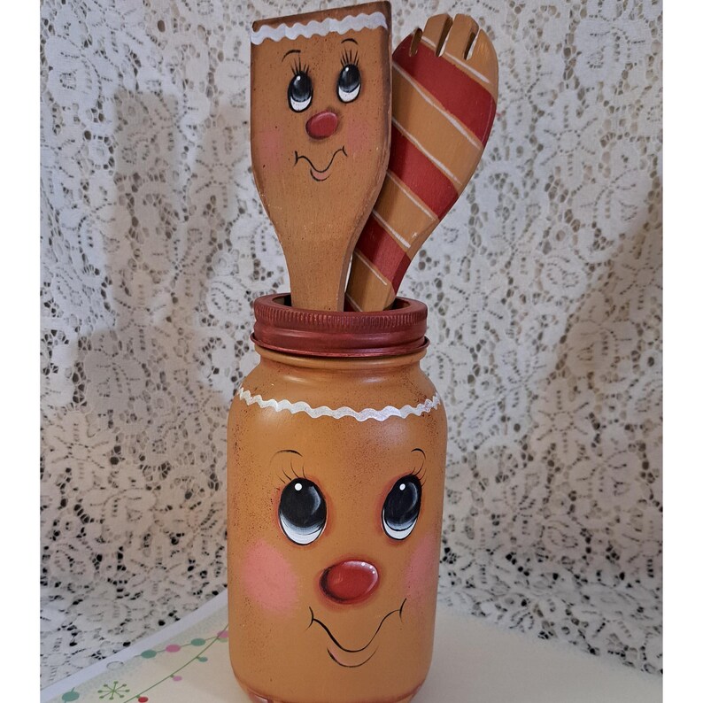 Hand-painted Gingerbread Quart Mason Jar Utensil Holder – Christmas ...