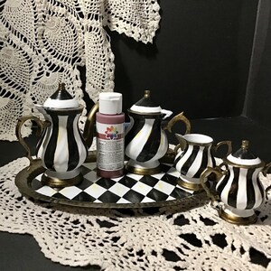 Hand Painted Miniature Tea Set, Black and White Whimsical Tea Set ...