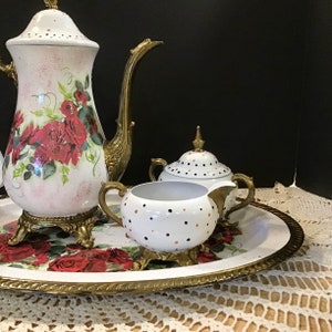 Red Roses Vintage Silver Tea Service Shabby Red Roses on a - Etsy