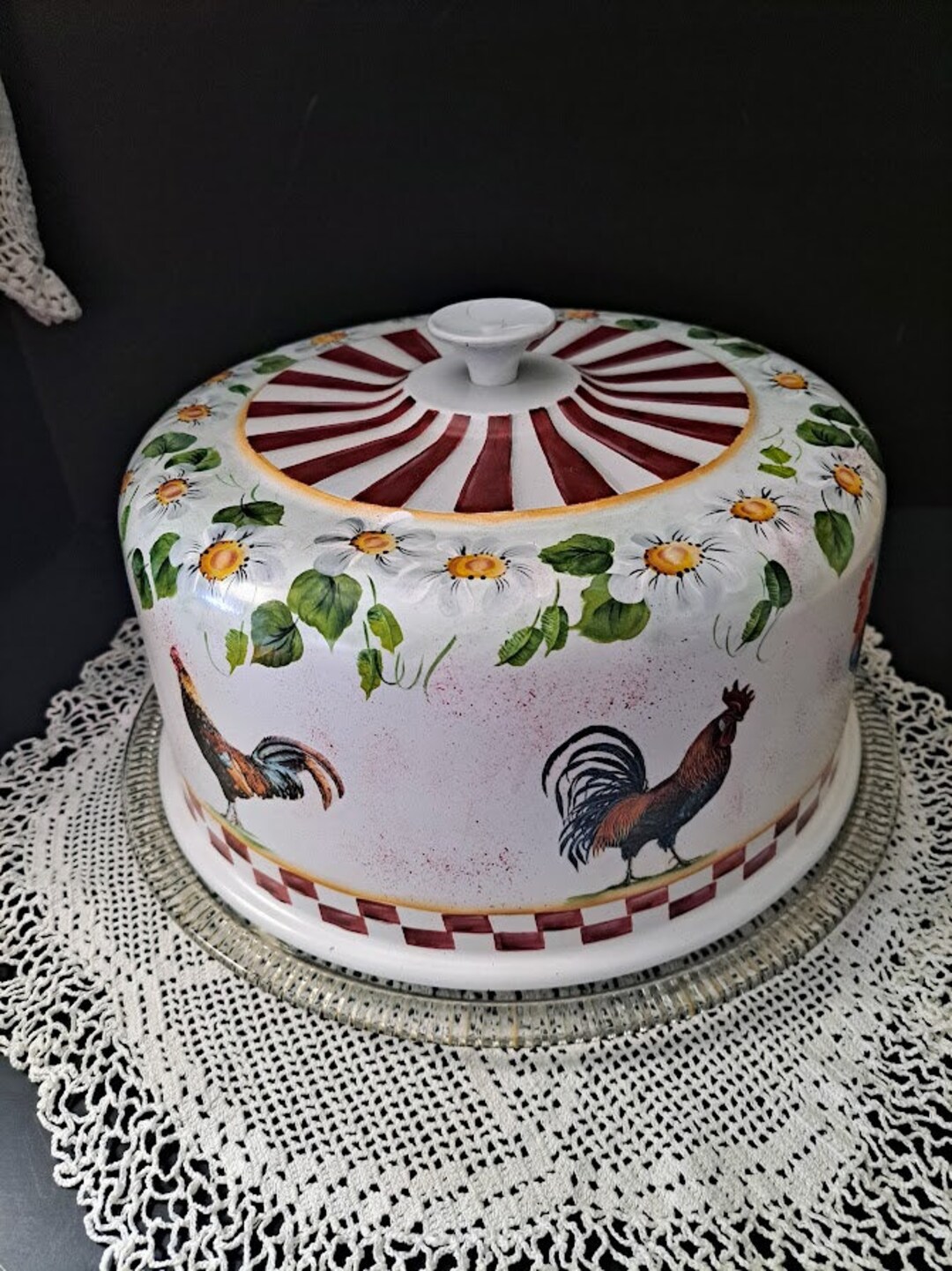 Vintage Cake Saver Carrier Stand With Roosters Kitchen Decor Decoration ...