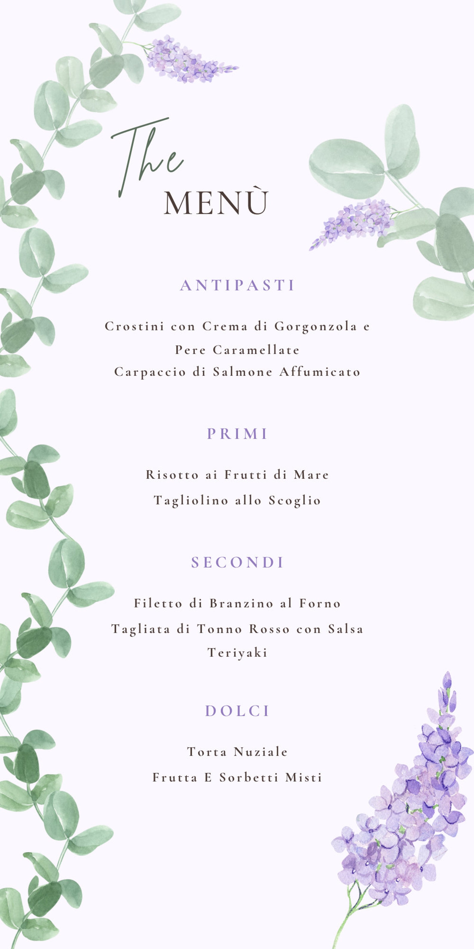 Wedding Menu Template Flowers Leaves Green, Lilac, Wisteria, Digital ...