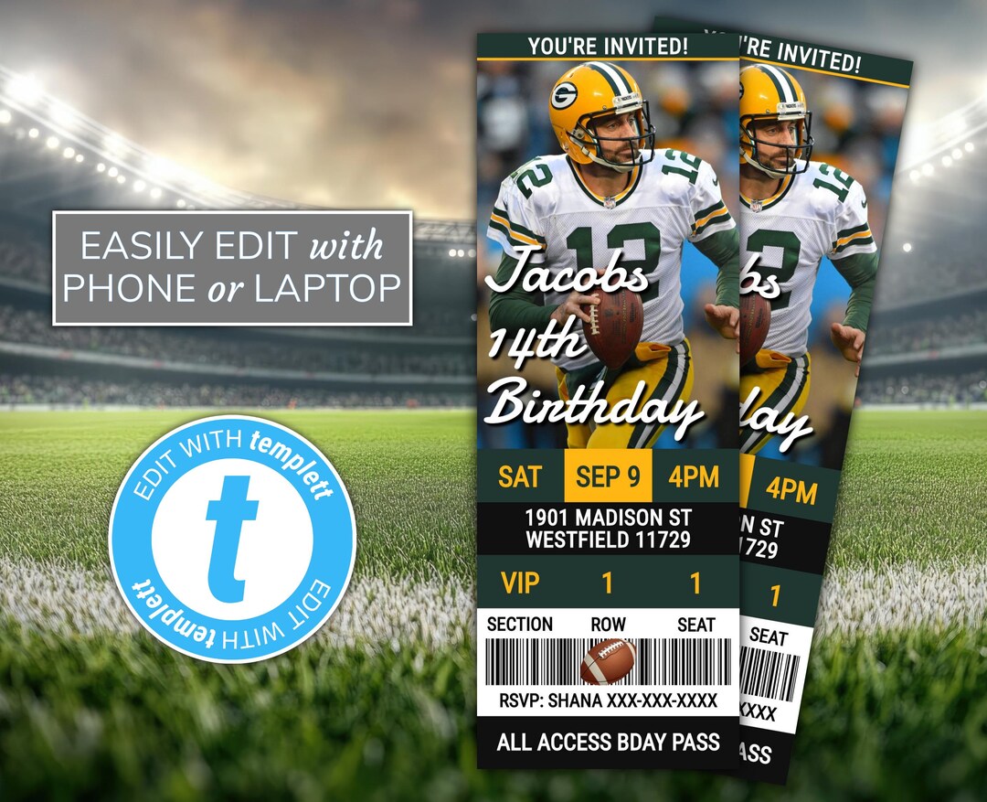 NFL Birthday Invitation Green Bay Packers Football Gift Ticket Template ...