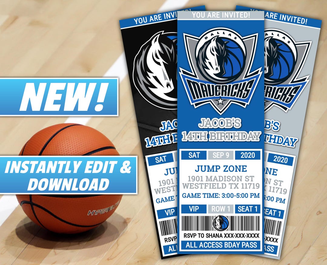 Dallas Mavericks Basketball Birthday Invitation, NBA Sports Ticket ...