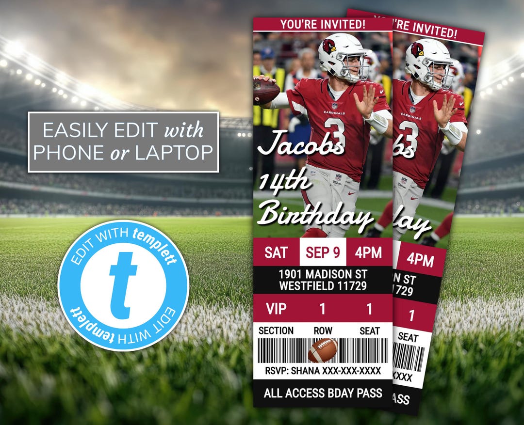 NFL Birthday Invitation Arizona Cardinals Football Gift Ticket Template ...