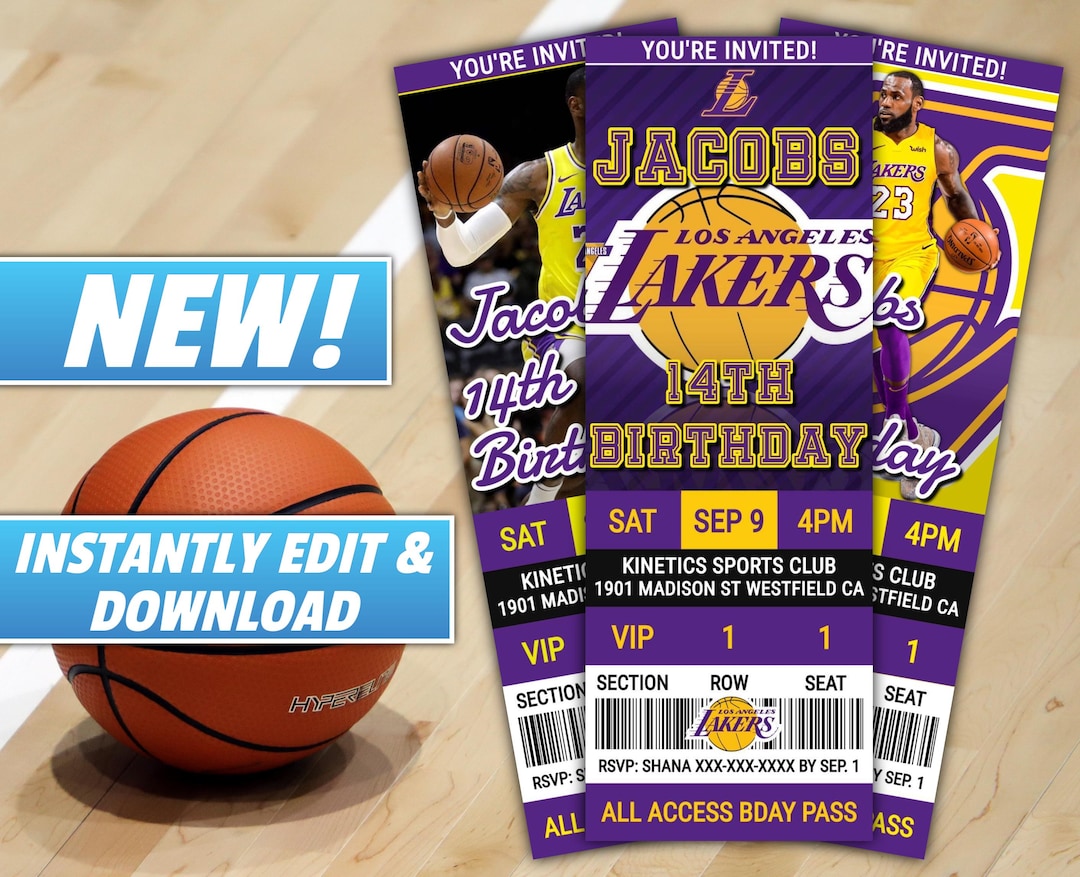 Los Angeles Lakers Birthday Invitation, NBA Basketball Ticket Template ...
